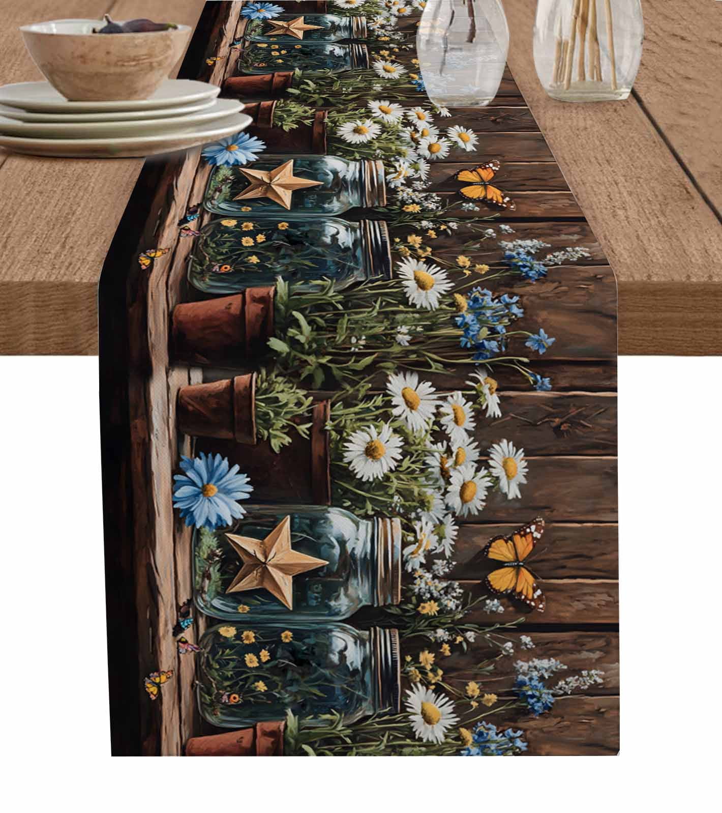 Flowers Floral Burlap Cotton Table Runner 13x120 Inches Long, Western ...