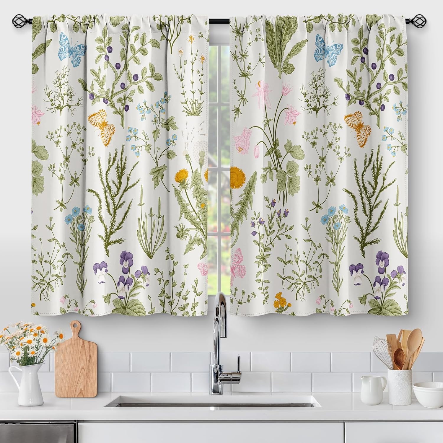 Flowers Floral Kitchen Curtains - Leaves Spring Botanical Small Short ...