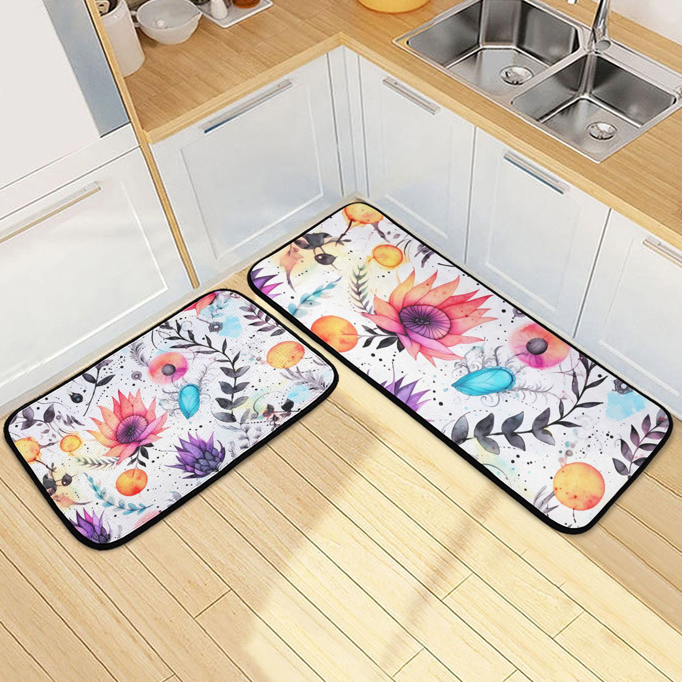 Flowers Floral Kitchen Rugs Set of 2 Non Slip Floor Foam Mat Cushioned ...