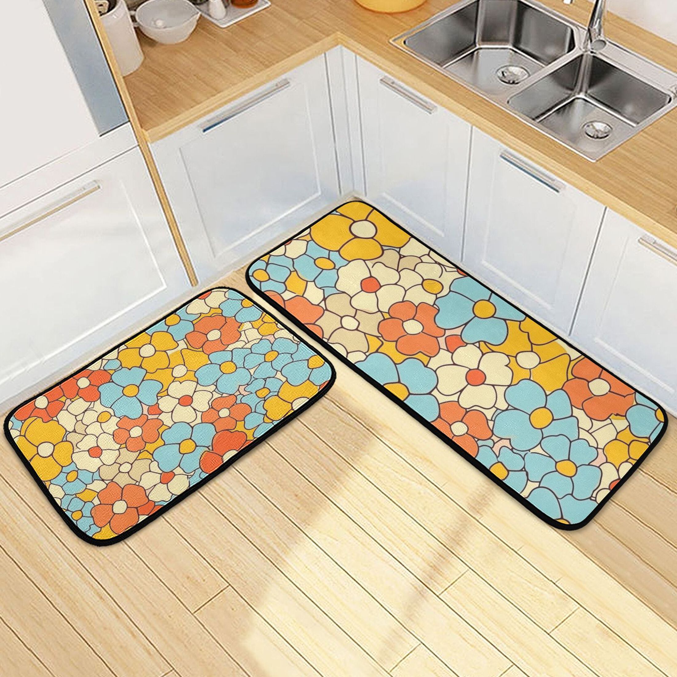 Flowers Floral Kitchen Rugs Set of 2 Non Slip Floor Foam Mat Cushioned ...
