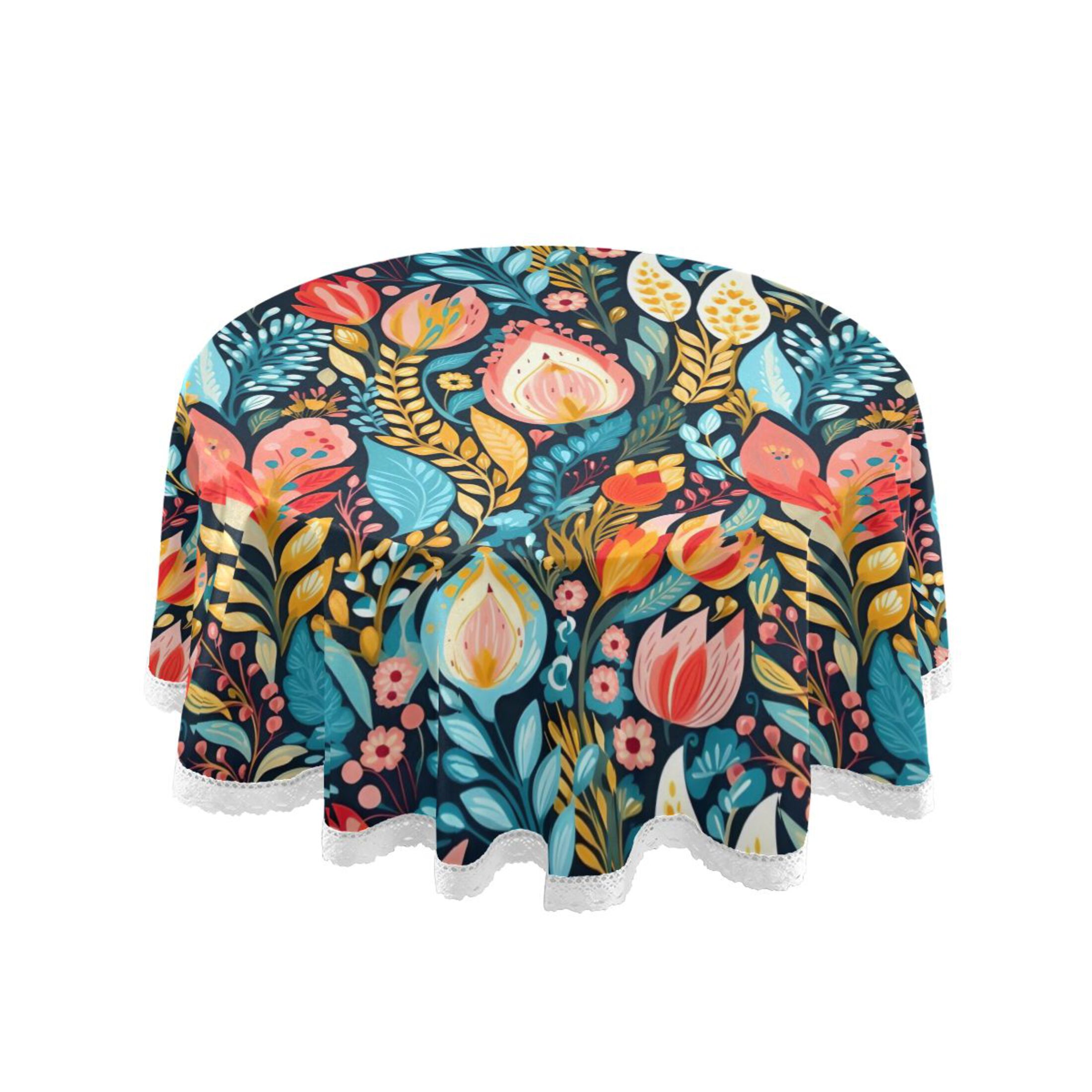 Flowers Floral Round Tablecloth 60" Reusable Circle Table Cover ...