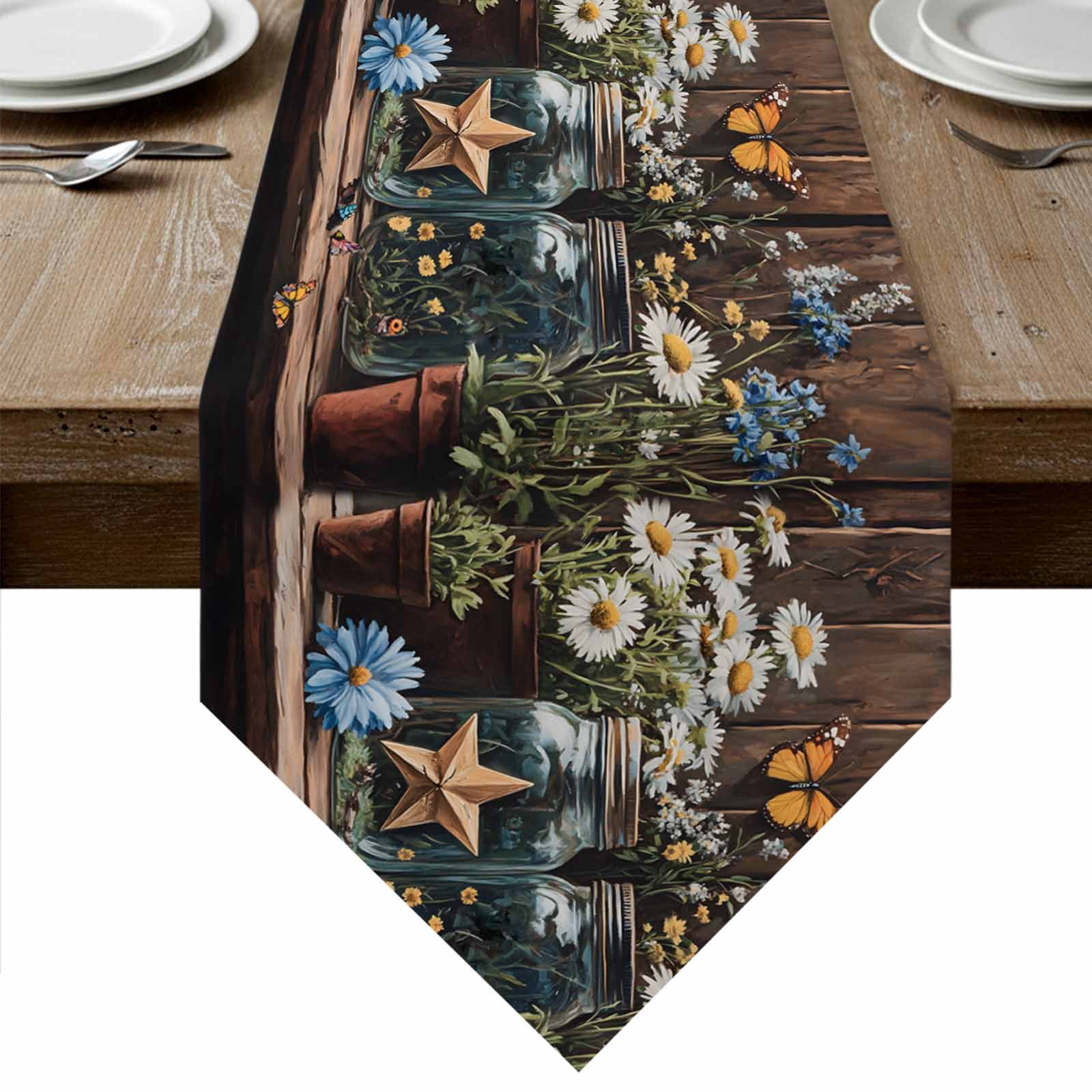 Flowers Floral Table Runner Linen Burlap Table Runner 60 Inches Long ...