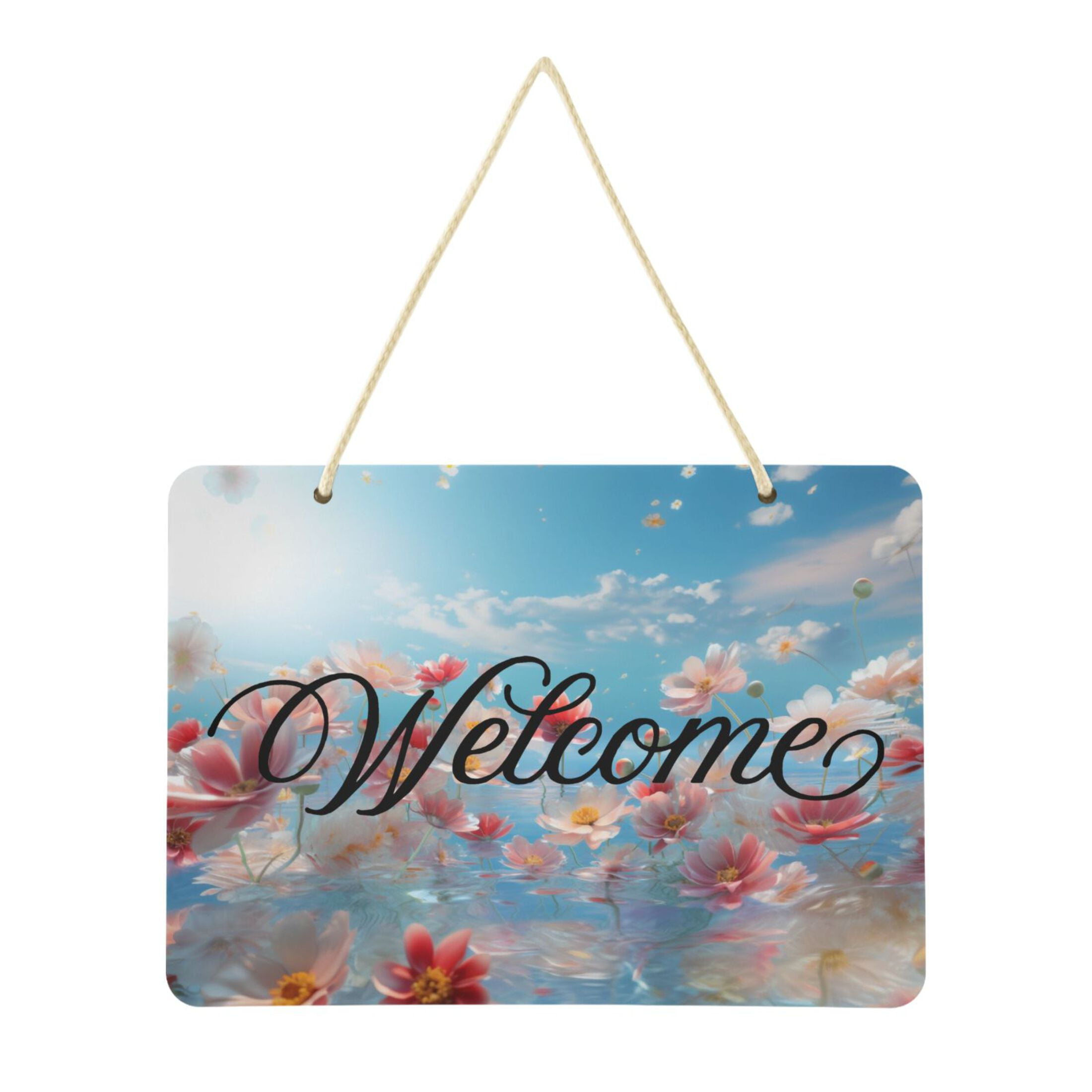 Flowers Flying Welcome Sign Front Door PVC 14x10 inch Hanger Hello Sign ...
