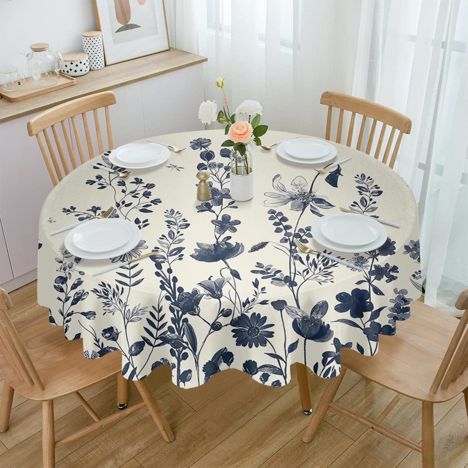 Flowers Foliage Dragonflies Vintage Round Tablecloth Waterproof Table ...