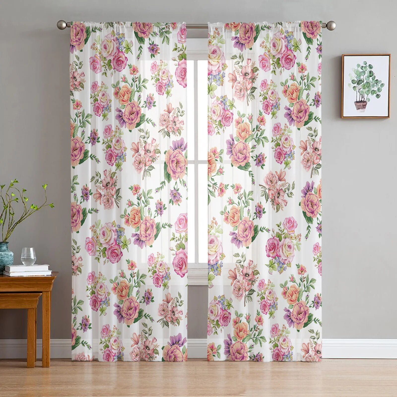 Flowers Foliage Gradient Flowers Sheer Curtains For Living Room Bedroom ...