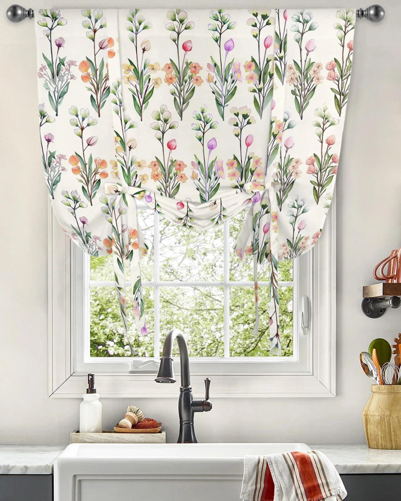 Flowers Foliage Window Curtain for Living Room Kitchen Tie-up Roman ...