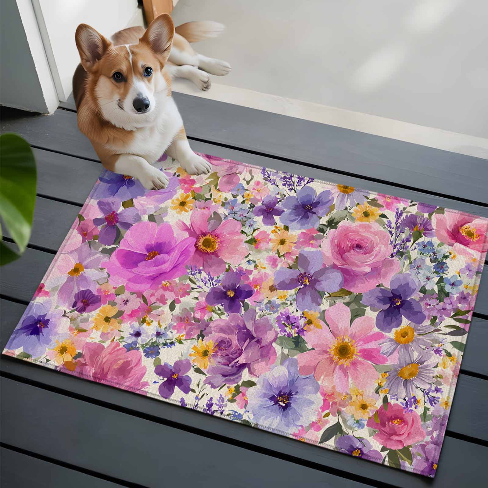 Flowers Front Door Rugs 2x3 ft Spring Watercolor Pink Purple Floral ...