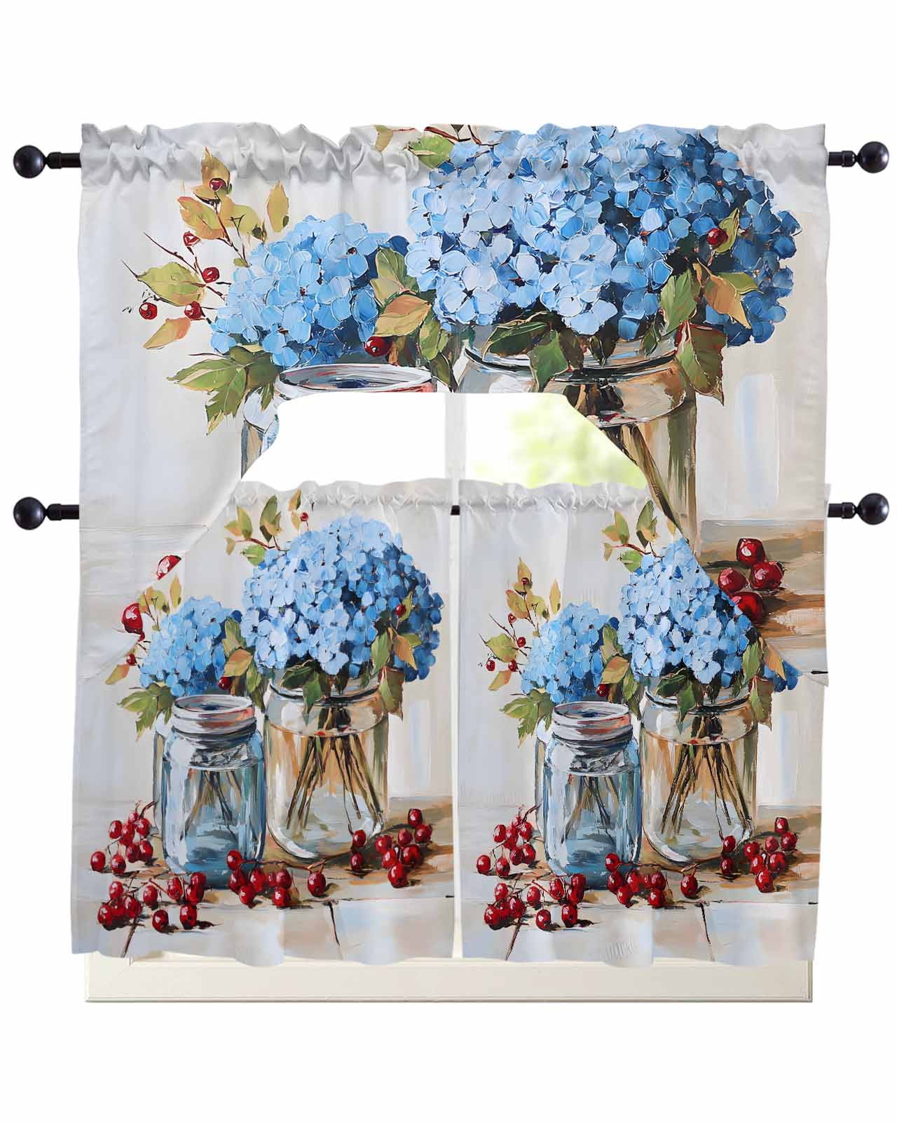Flowers Fruit Kitchen Curtains Sets 36 Inch Length with Valance, Blue ...