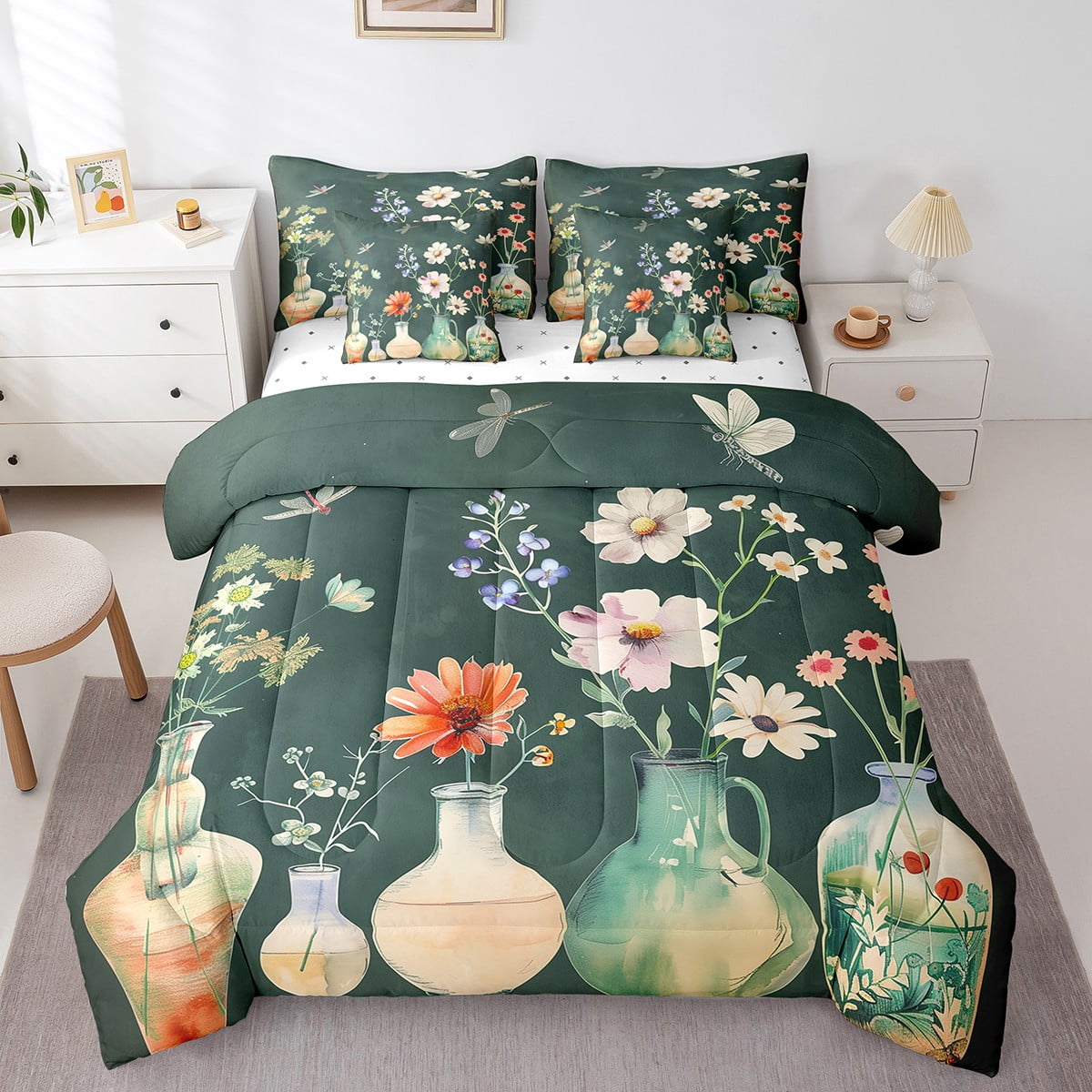 Flowers Full Comforter Set,7 Pieces Dragonfly Garden Decor Comforters ...