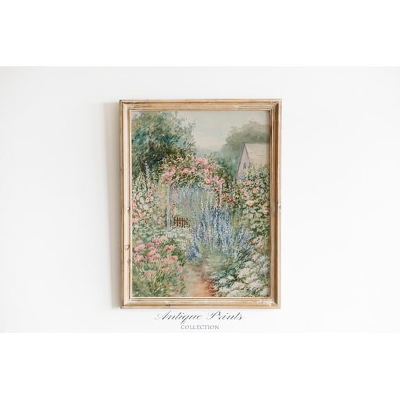 Flowers Garden Painting, Vintage Spring Cottage Wall Art, Antique ...
