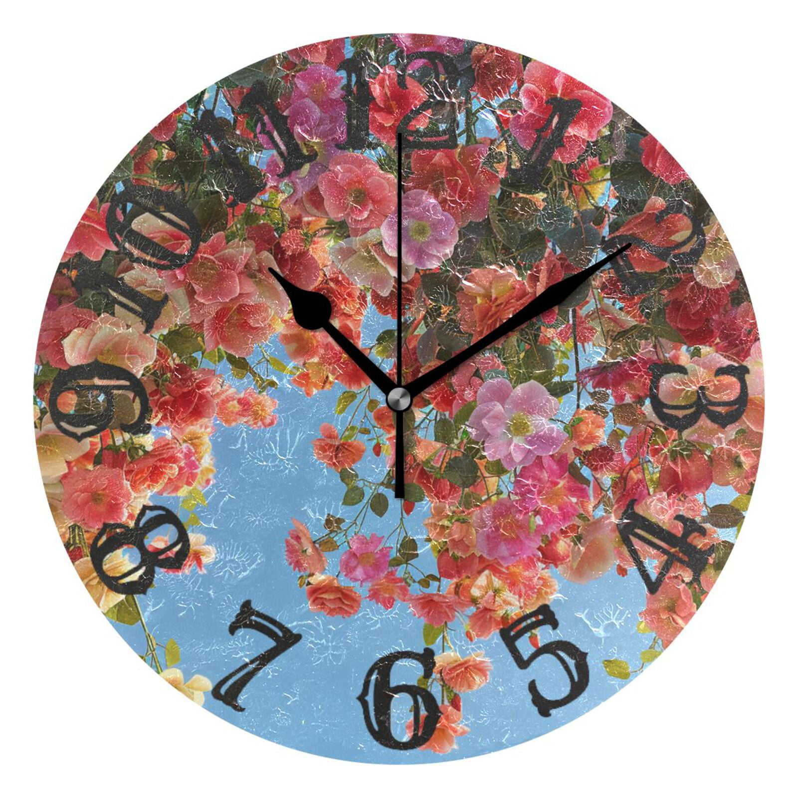Flowers Garden Roses Wall Clock 10 inch Non-Ticking Easy to Read ...