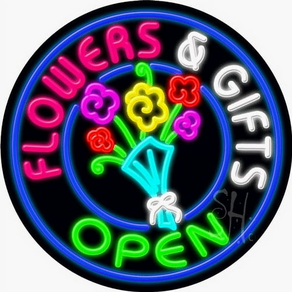 Flowers And Gifts Open LED Neon Sign 26 x 26 - inches, Black Square Cut ...