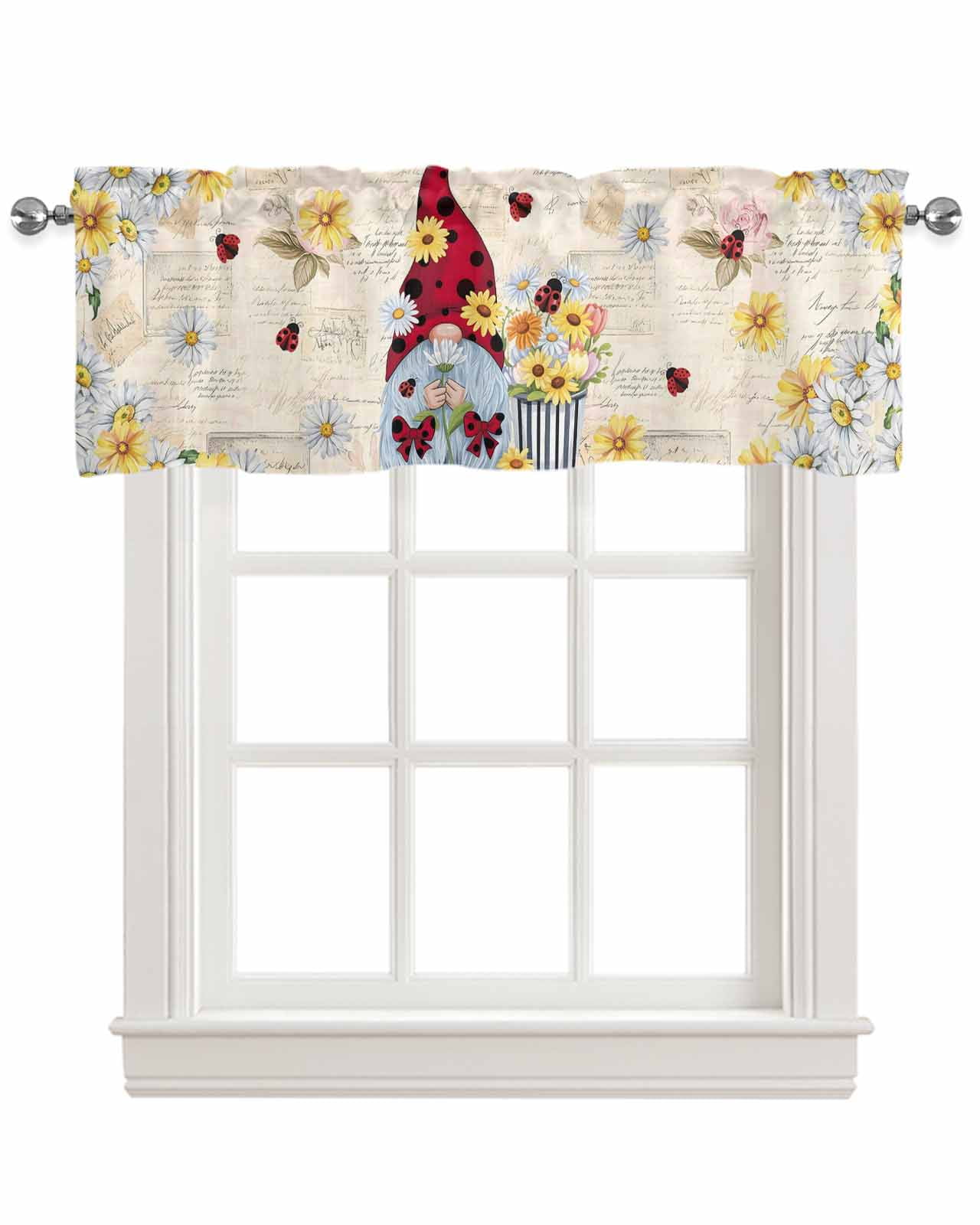 Flowers Gnomes Kitchen Valances for Windows Farmhouse Linen Window ...
