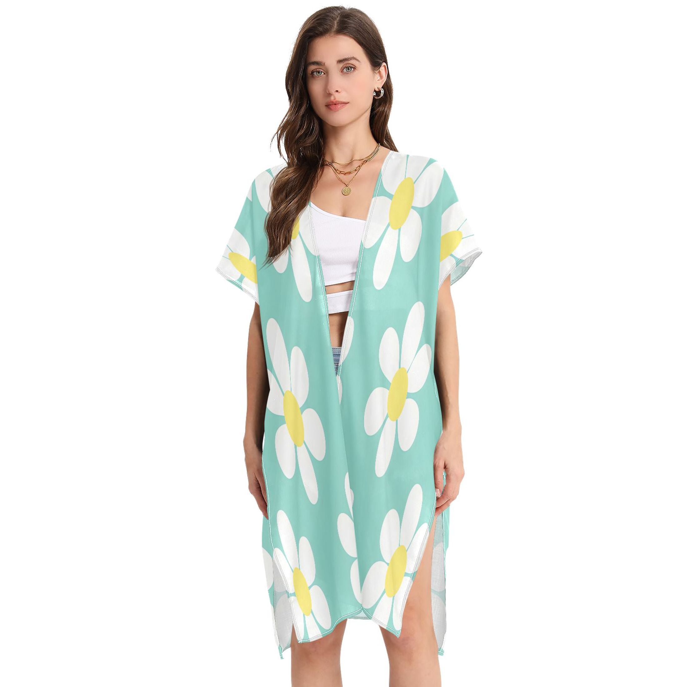 Flowers Green Background Women's Swimwear Cover Up Summer Cardigan ...