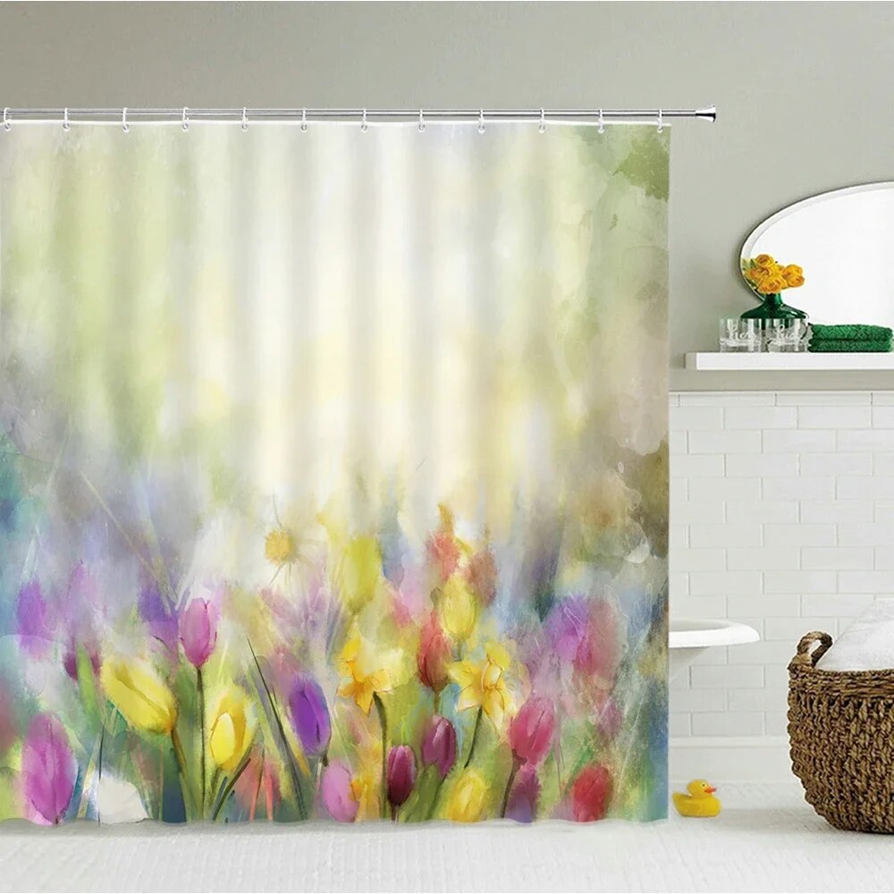 Flowers Green Plant Shower Curtains Bath Curtain 3d Printing Bathroom