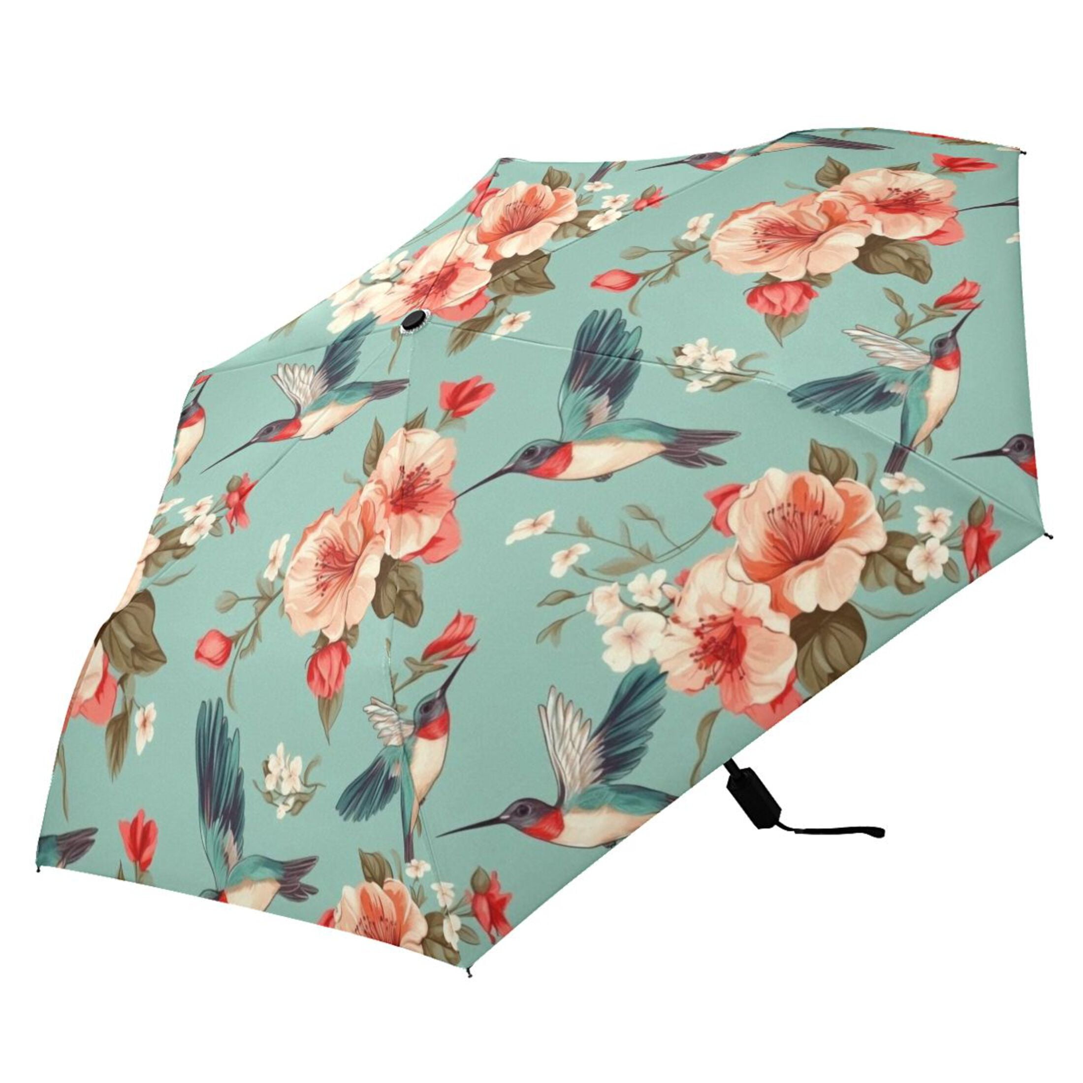 Flowers Hibiscus Birds Compact Folding Umbrella for Rain Windproof ...