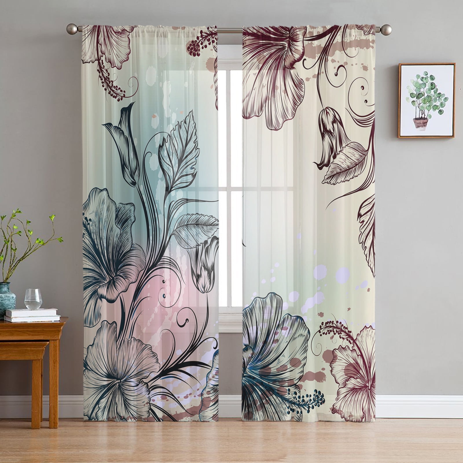 Flowers Hibiscus Retro Style Window Tulle Curtains for Living Room ...
