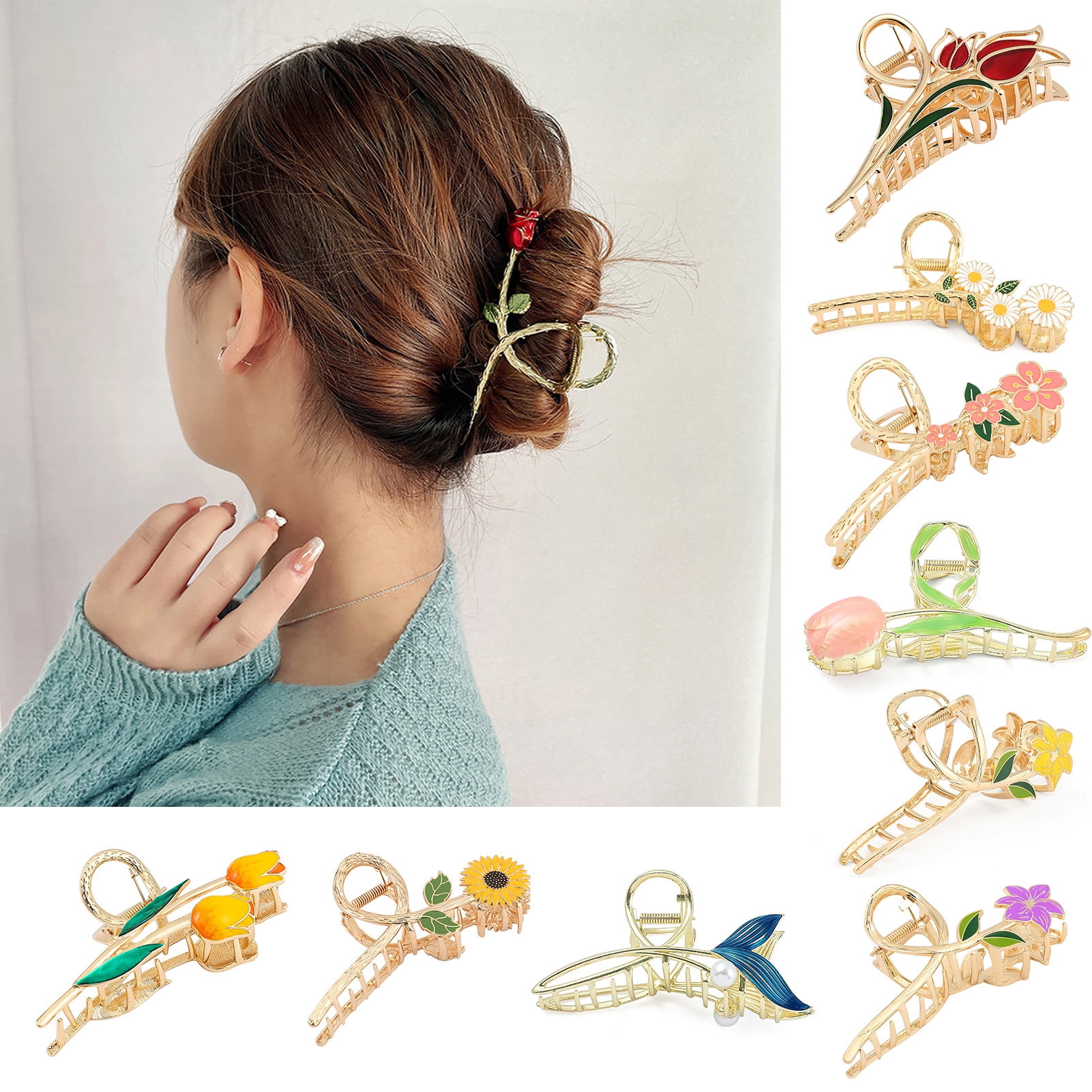 Flowers Hollow Metal Hair Claw Elegant Tulip Shark Hair Clip Spring ...