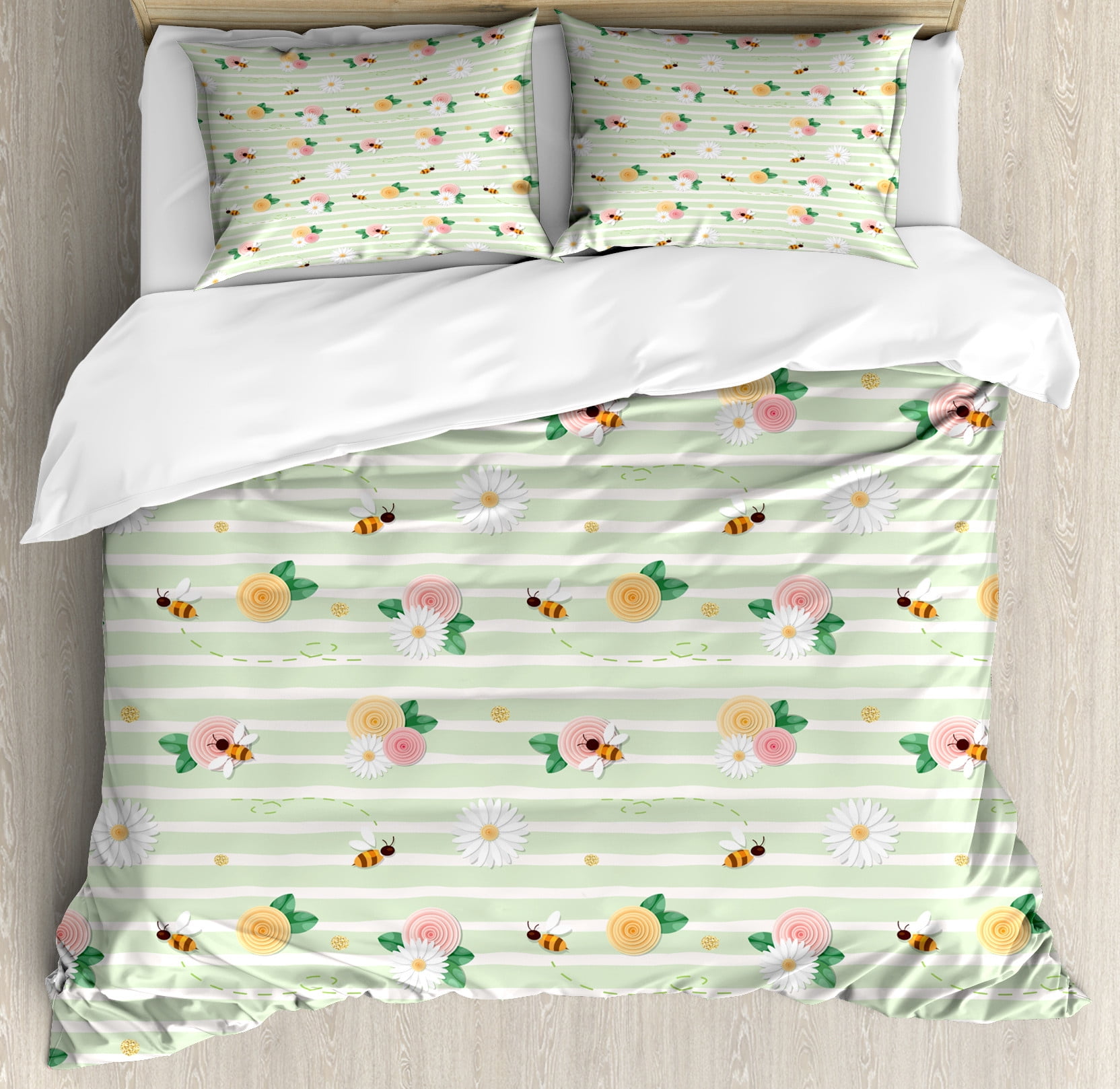 Flowers Insects Duvet Cover Set, Charming Roses Chamomiles Bees on a ...