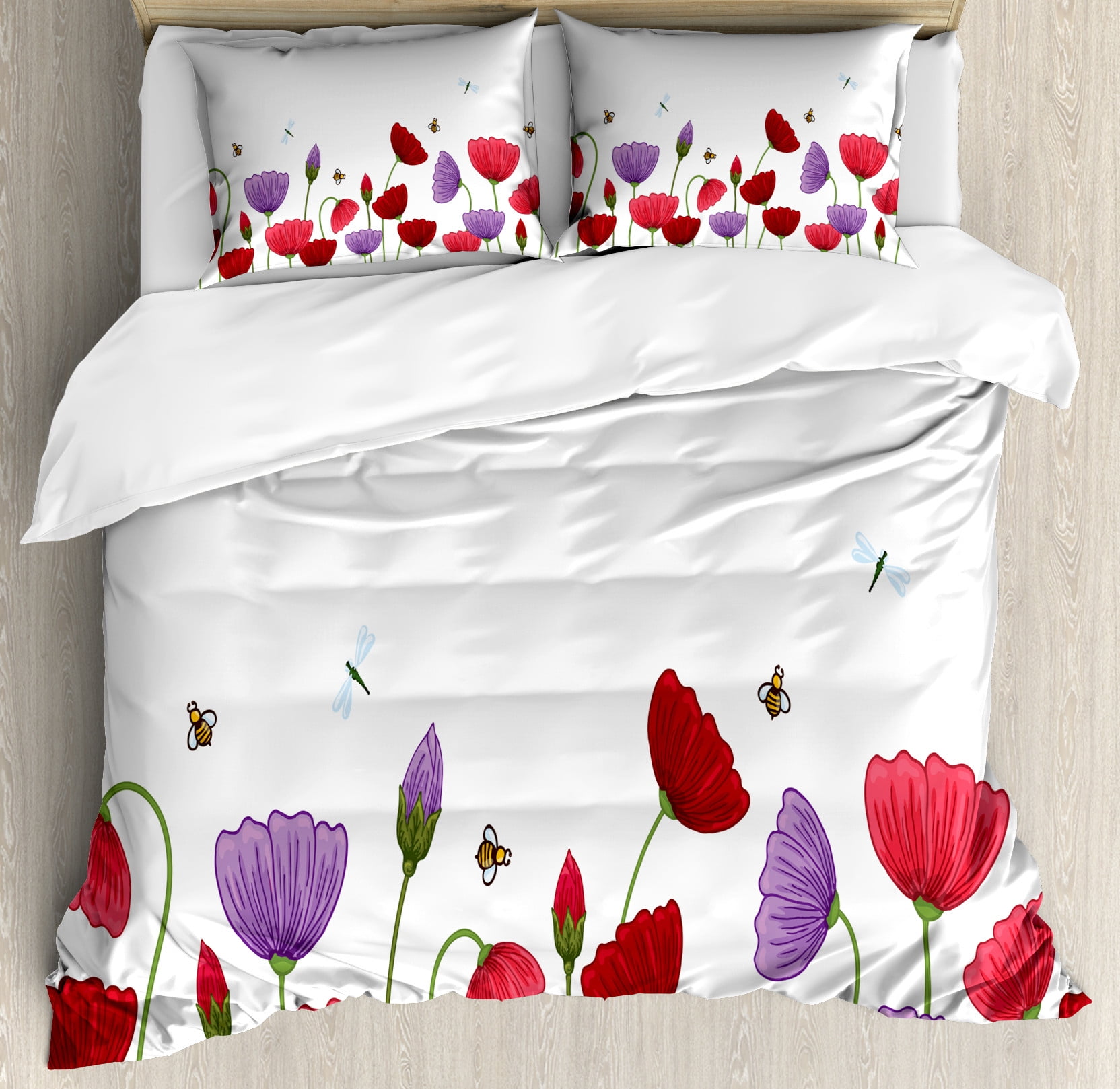 Flowers Insects Duvet Cover Set, Interpretation of Spring Season Flowers with Bees Buzzing ...