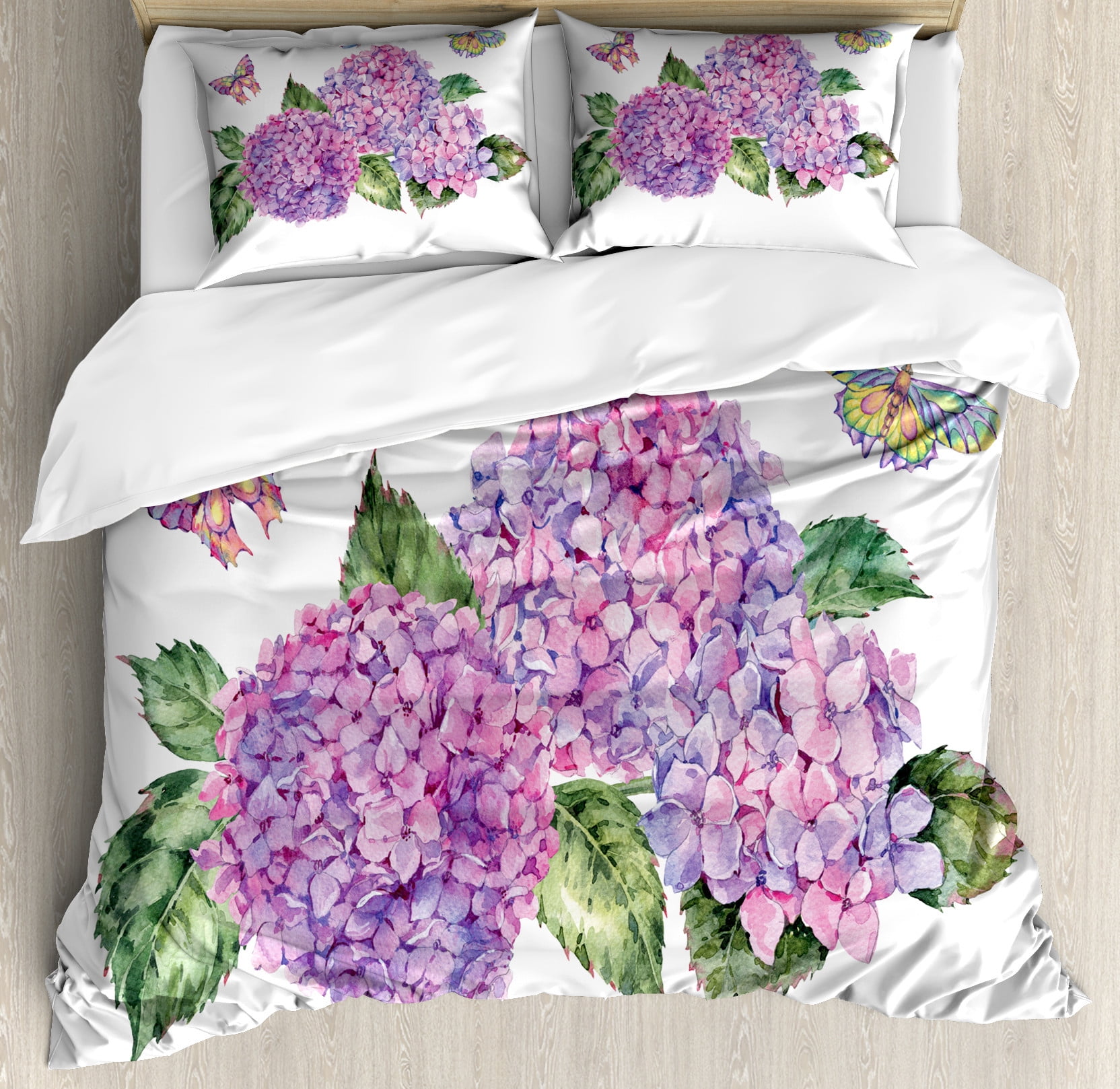 Flowers Insects Duvet Cover Set, Watercolor Illustration of Hydrangea ...