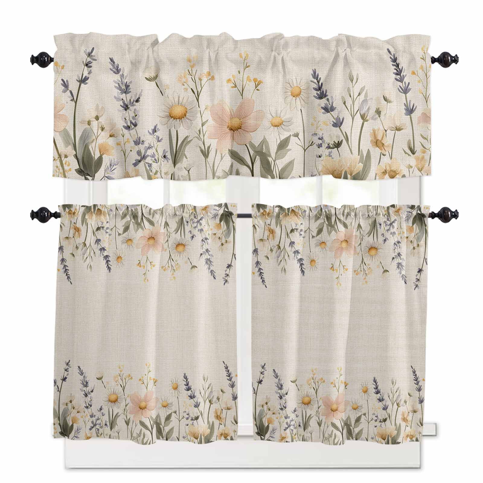 Flowers Kitchen Curtains Valances and Tiers Set of 3 Vintage Watercolor ...