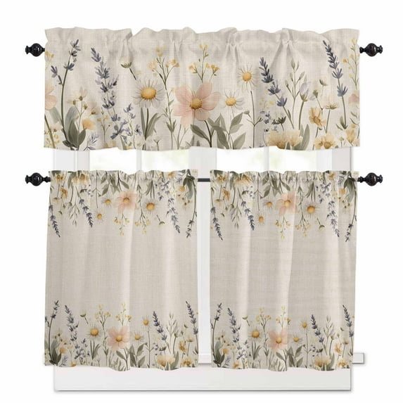 Flowers Kitchen Curtains Valances and Tiers Set of 3 Vintage Watercolor ...