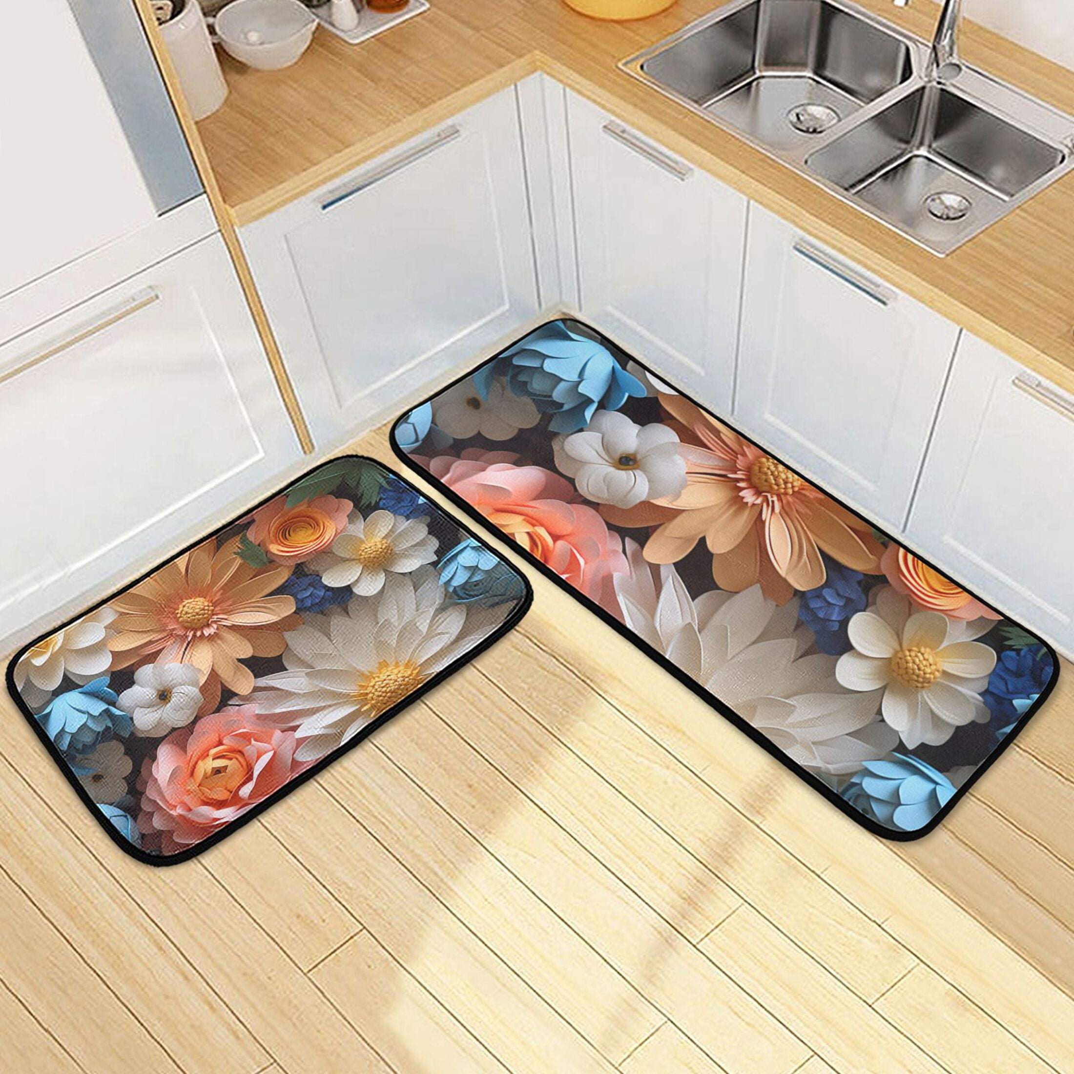 Flowers Kitchen Rugs Set of 2 Non Slip Floor Foam Mat Cushioned Soft ...