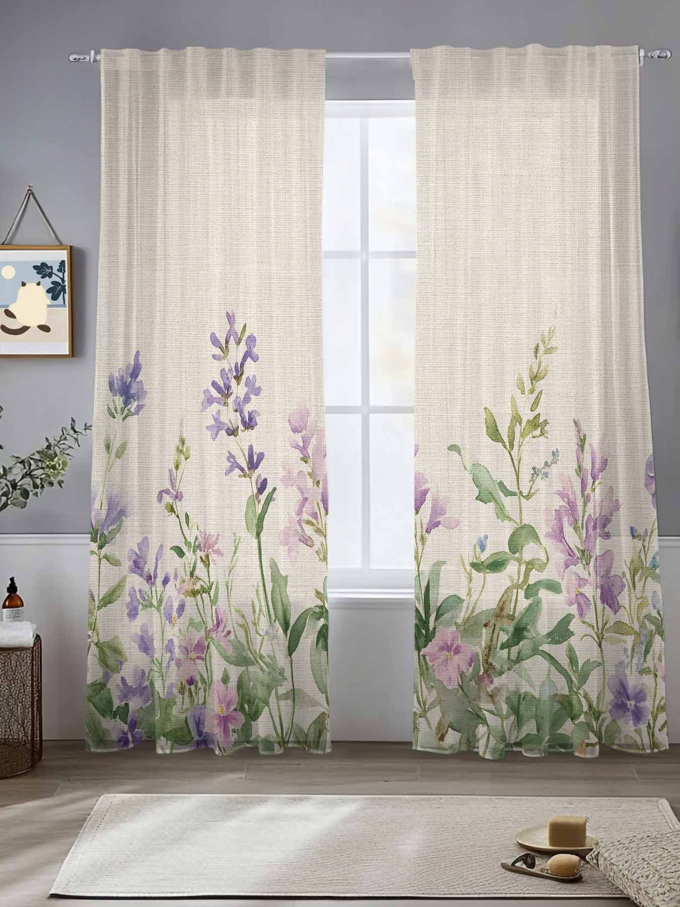 Flowers Lavender Sheer Curtains for Living Room Bedroom Retro ...