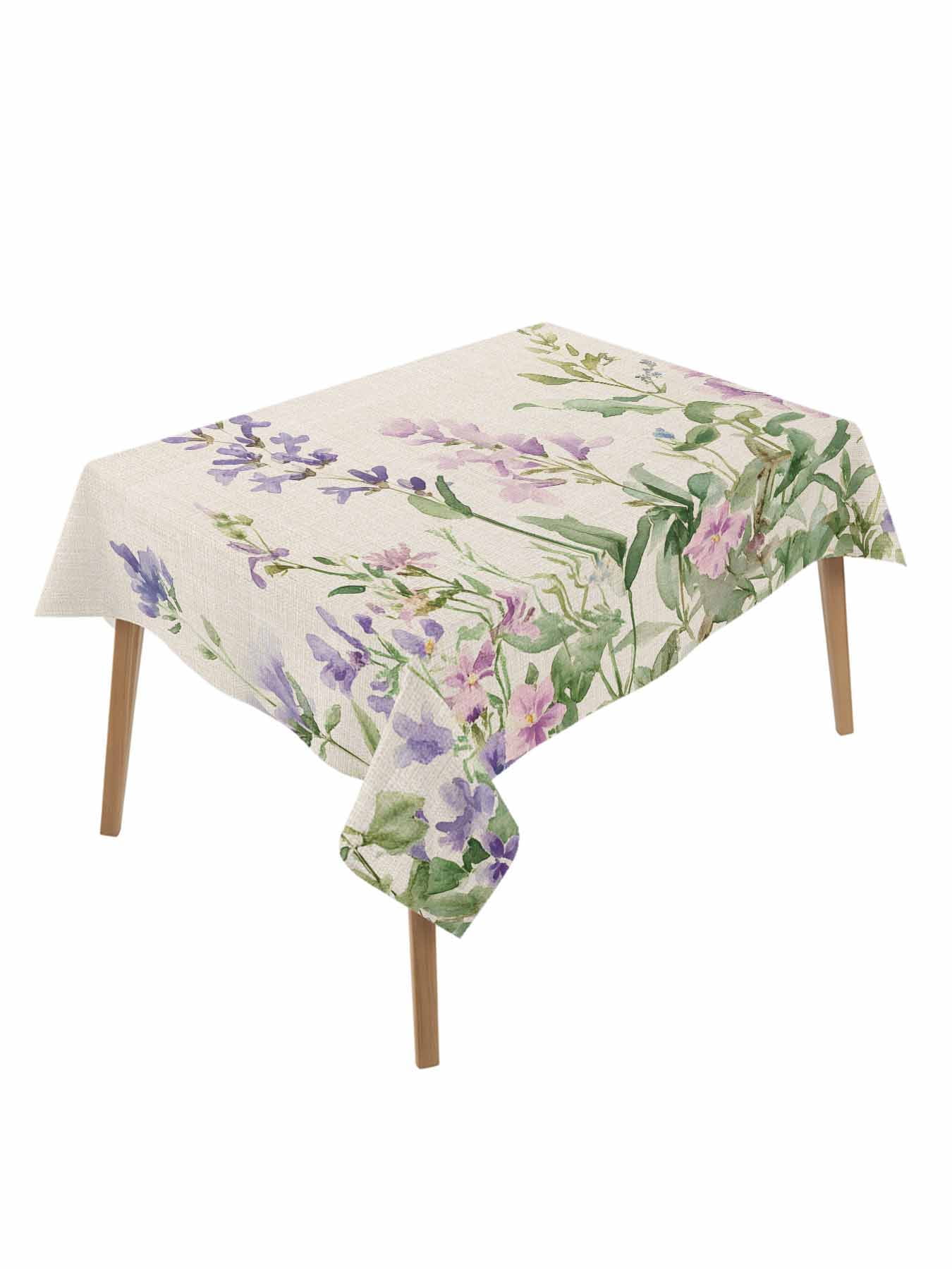 Flowers Lavender Table Cloth, Retro Cottagecore Blooms Green Leaf ...