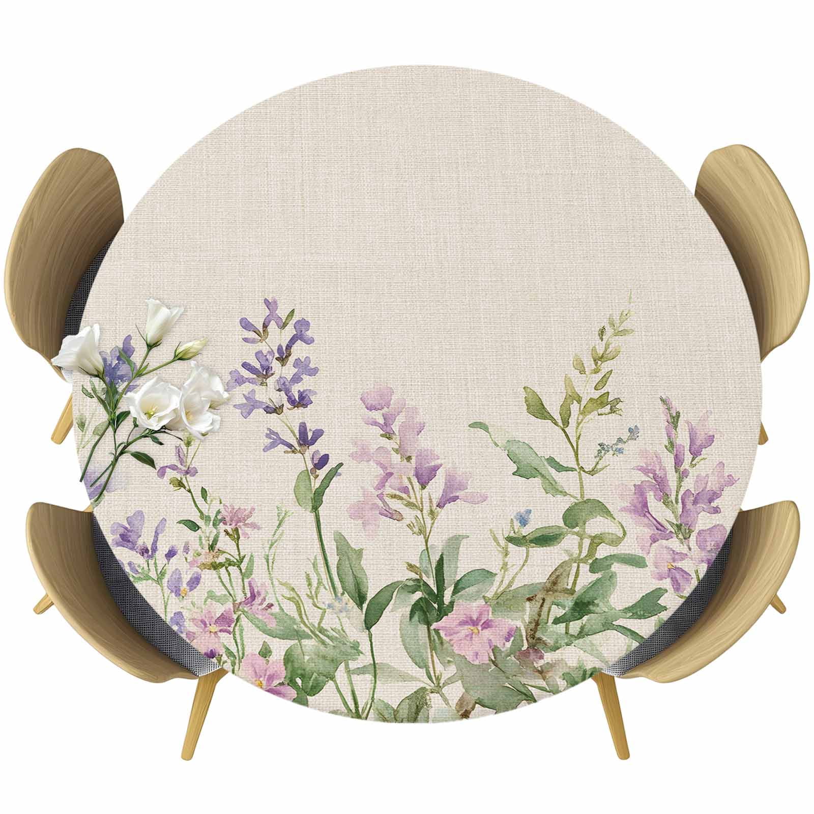 Flowers Lavender Table Cloth, Round Fitted Tablecloths with Elastic ...