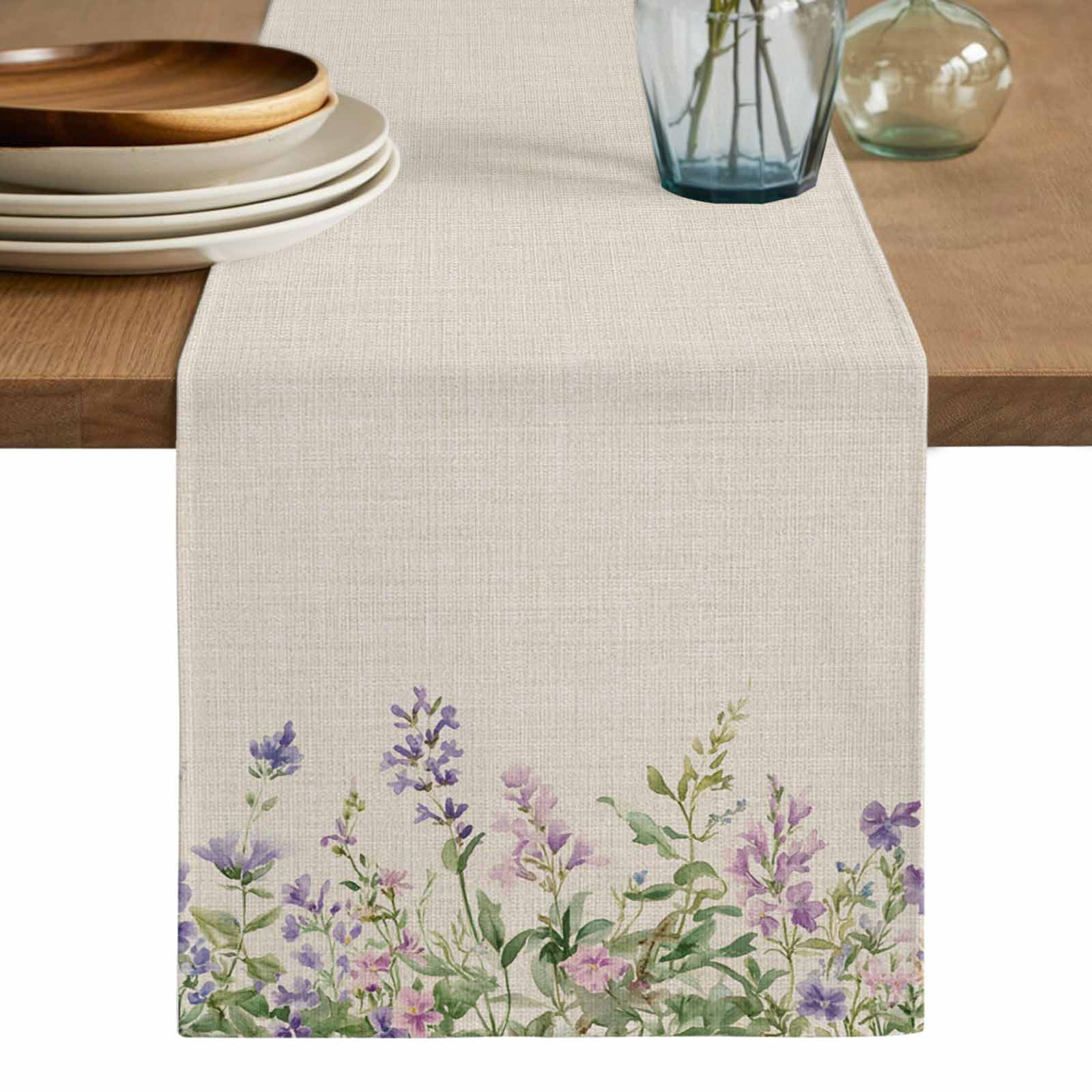 Flowers Lavender Table Runner, Retro Cottagecore Blooms Green Leaf ...