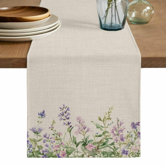 Flowers Lavender Table Runner, Retro Cottagecore Blooms Green Leaf ...
