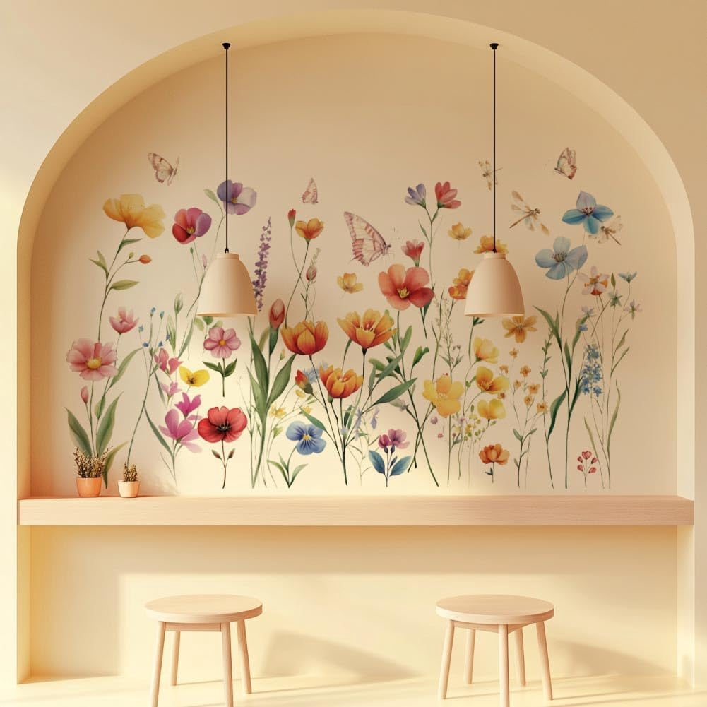Flowers Leaf Wall Decals with Butterfly Large Watercolor Flowers Wall ...