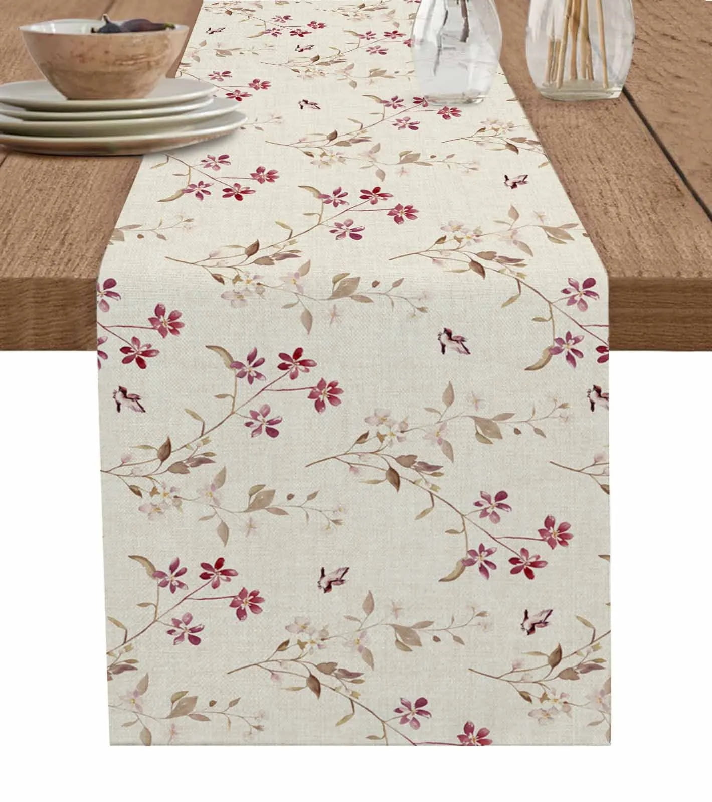 Flowers Leaves Birds Watercolor Table Runner Wedding r Table Runner ...