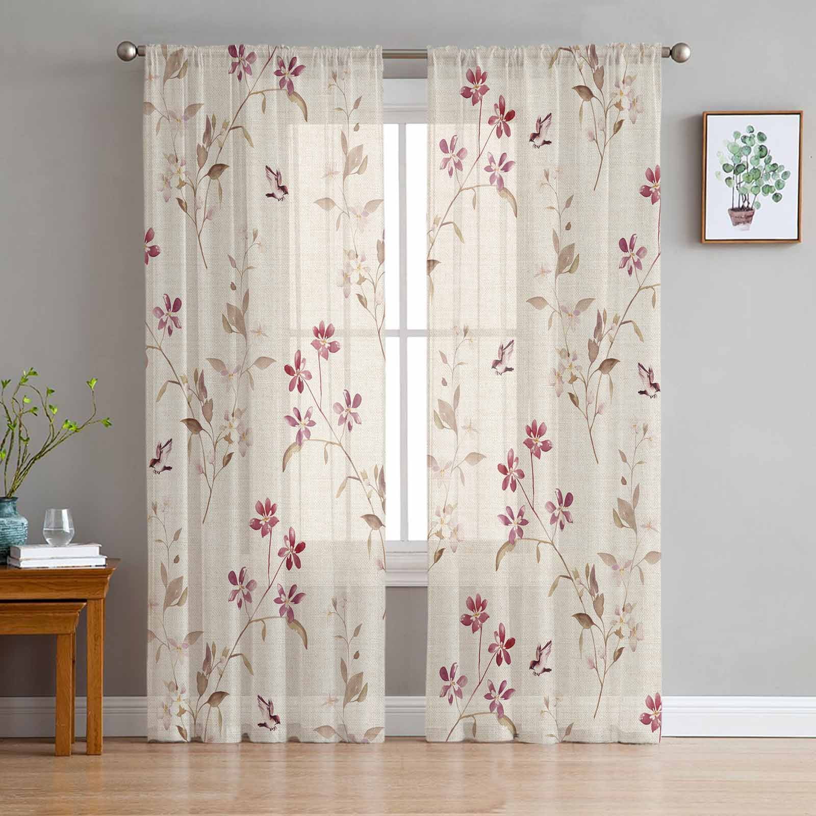 Flowers Leaves Birds Watercolor Voile Curtains for Bedroom Window Tulle ...