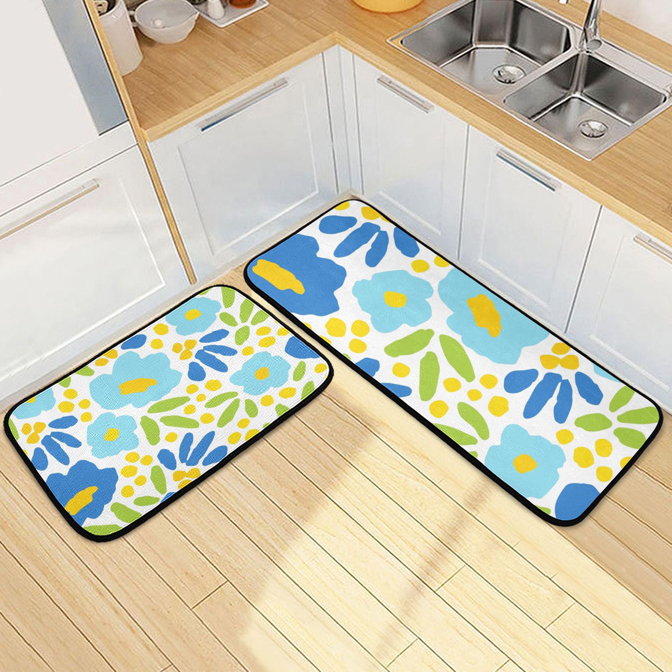 Flowers and Leaves with Blue Kitchen Mats Set 2 Piece Non Slip Floor ...