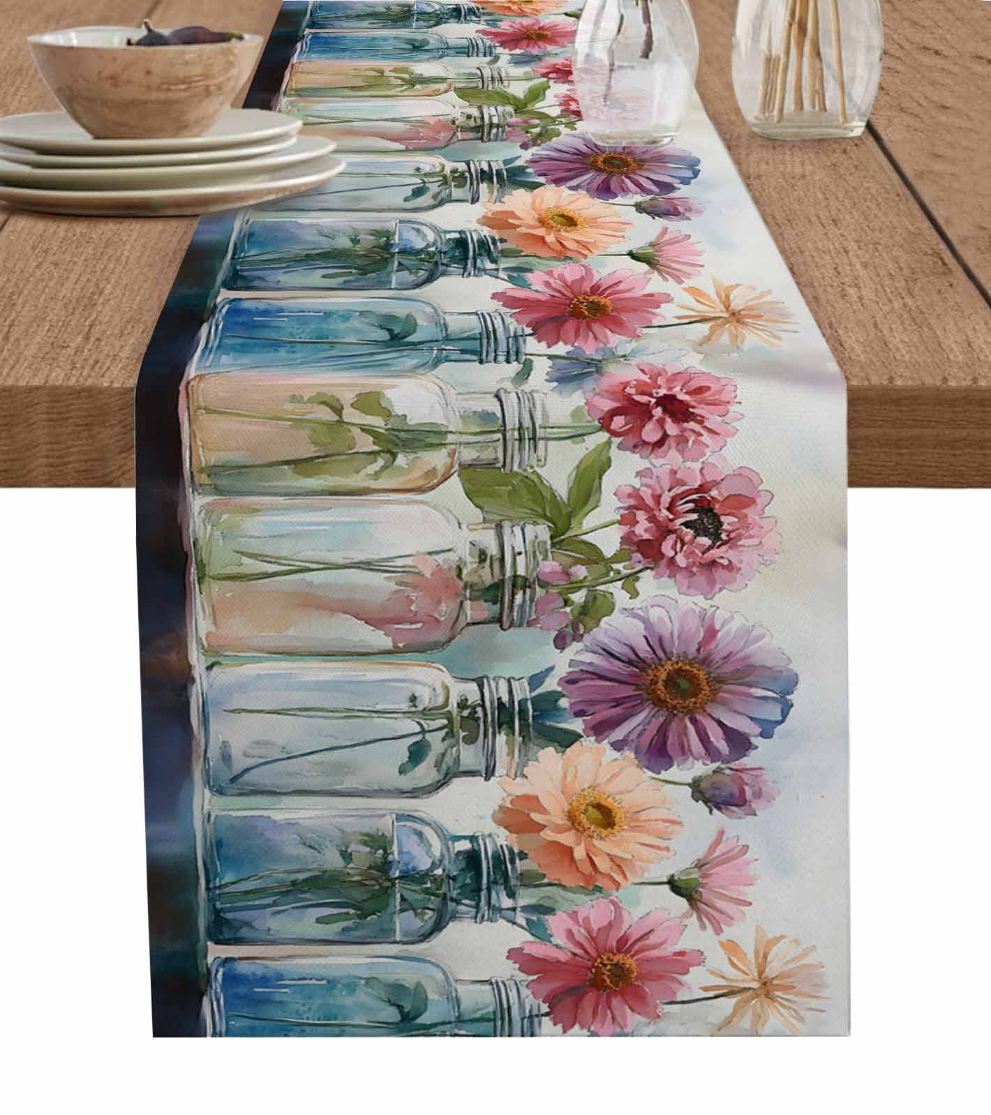 Flowers Leaves Burlap Cotton Table Runner 16x72 Inches Long, Farmhouse ...