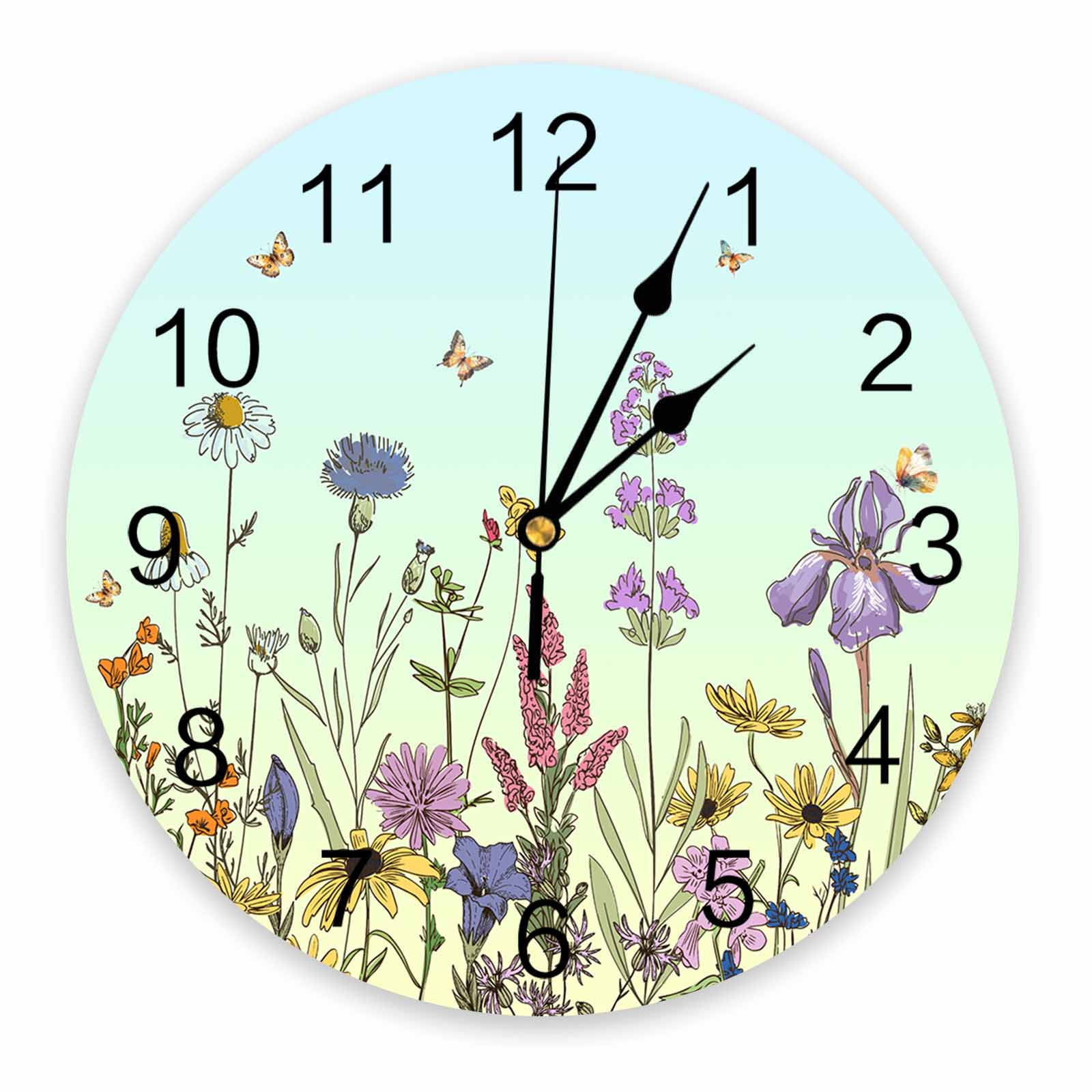 Flowers Leaves Butterflies Printed Wall Clock Modern Silent Clock ...