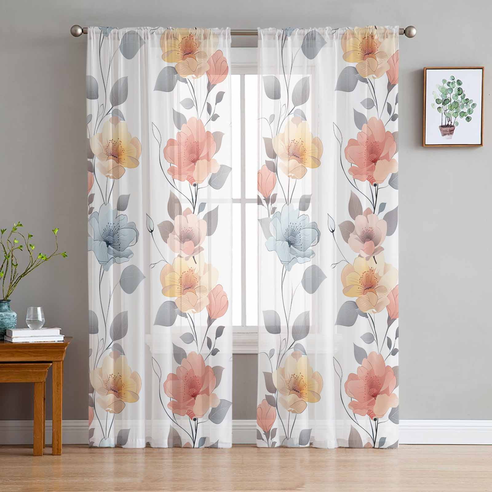 Flowers Leaves Hand Drawn Tulle Curtains for Living Room Bedroom Sheer ...