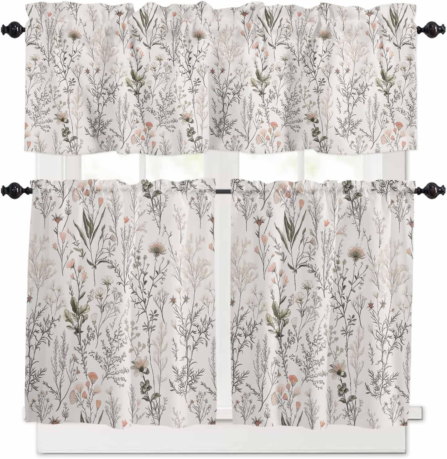 Flowers Leaves Kitchen Curtains and Valances Set, Rod Pocket Curtains ...