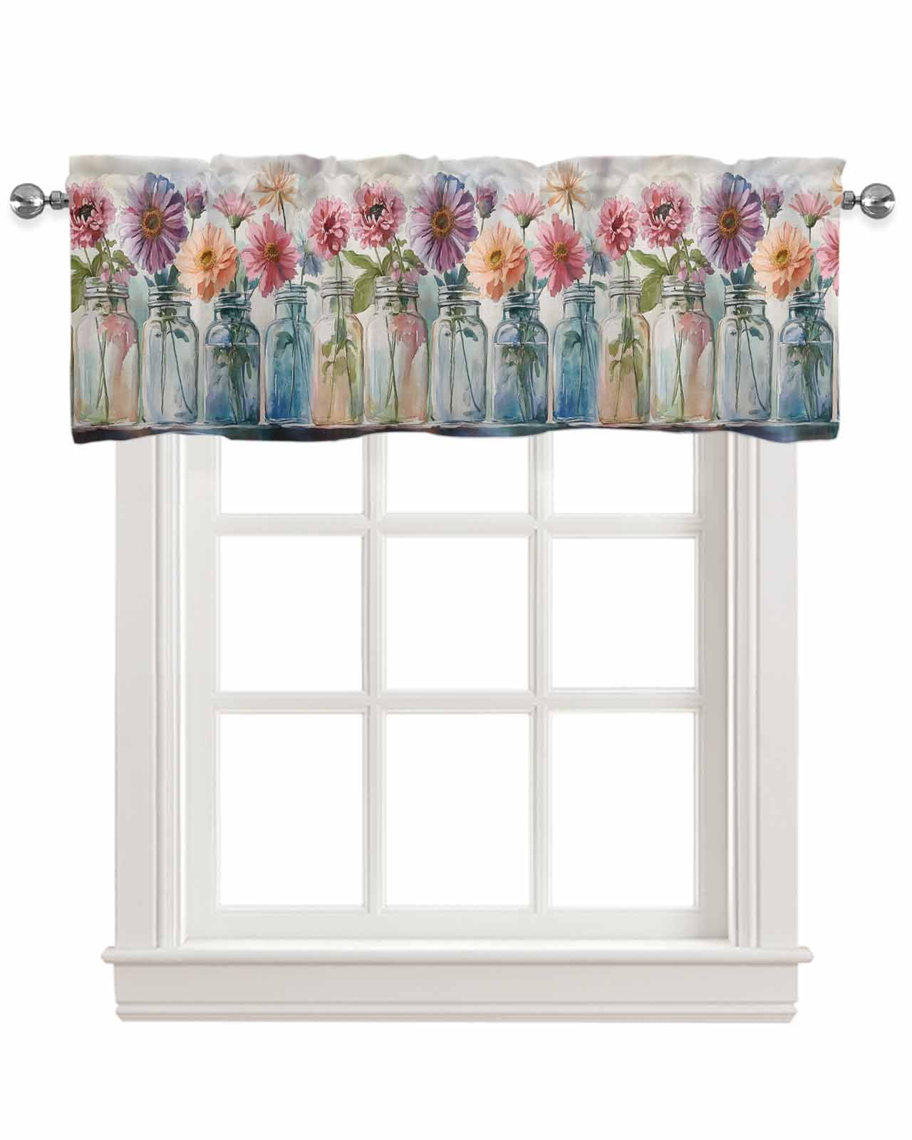 Flowers Leaves Kitchen Valances for Windows Farmhouse Linen Window ...
