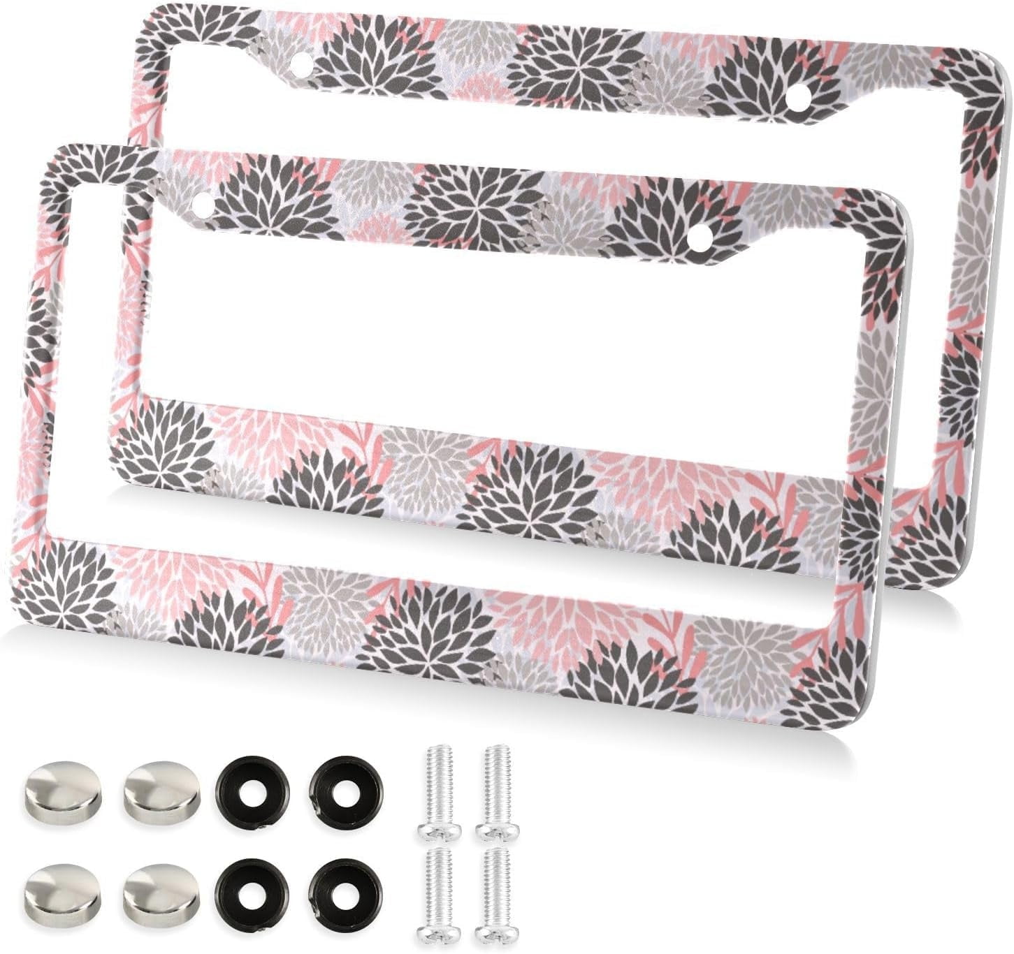 Flowers and Leaves License Plate Frame - 2 Pack Universal Stainless ...