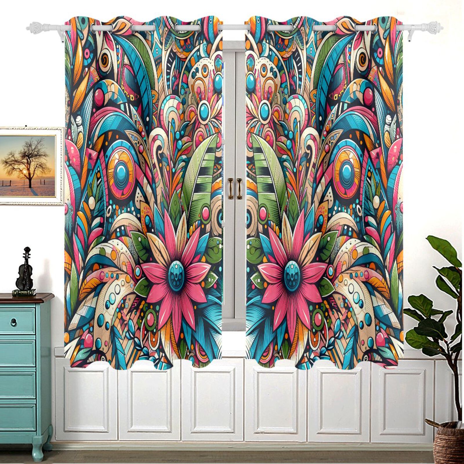 Flowers Leaves Of Colorful Curtains Black Out Curtains for Sliding ...