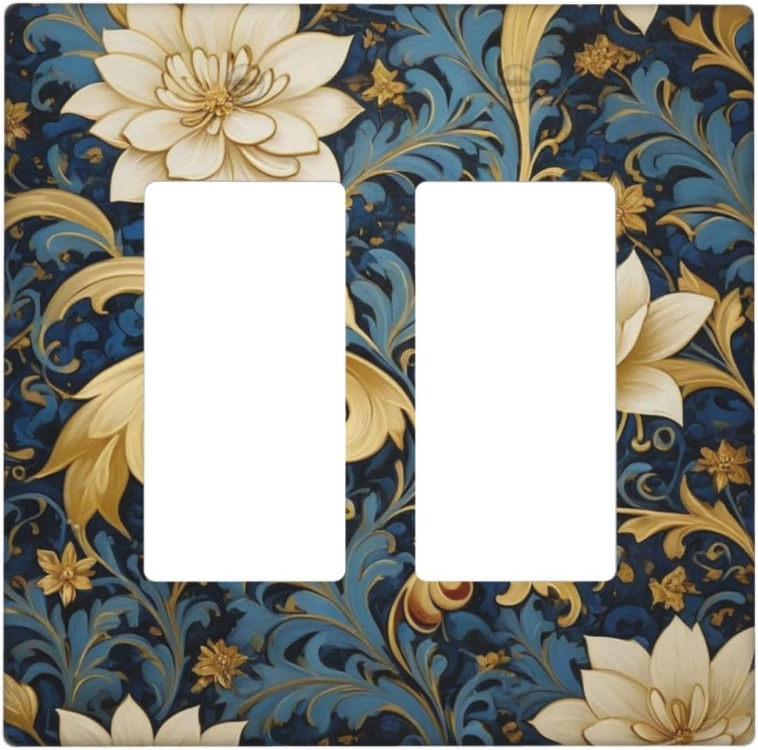 Flowers Leaves On Blue Gold Accents 2 Gang Light Switch Covers Single ...