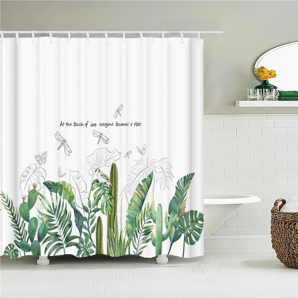Flowers Leaves Plant Pattern Bath Curtain Waterproof Fabric Shower ...