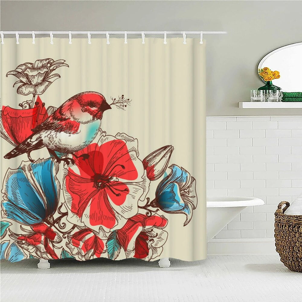Flowers Leaves Plant Pattern Bath Curtain Waterproof Fabric Shower