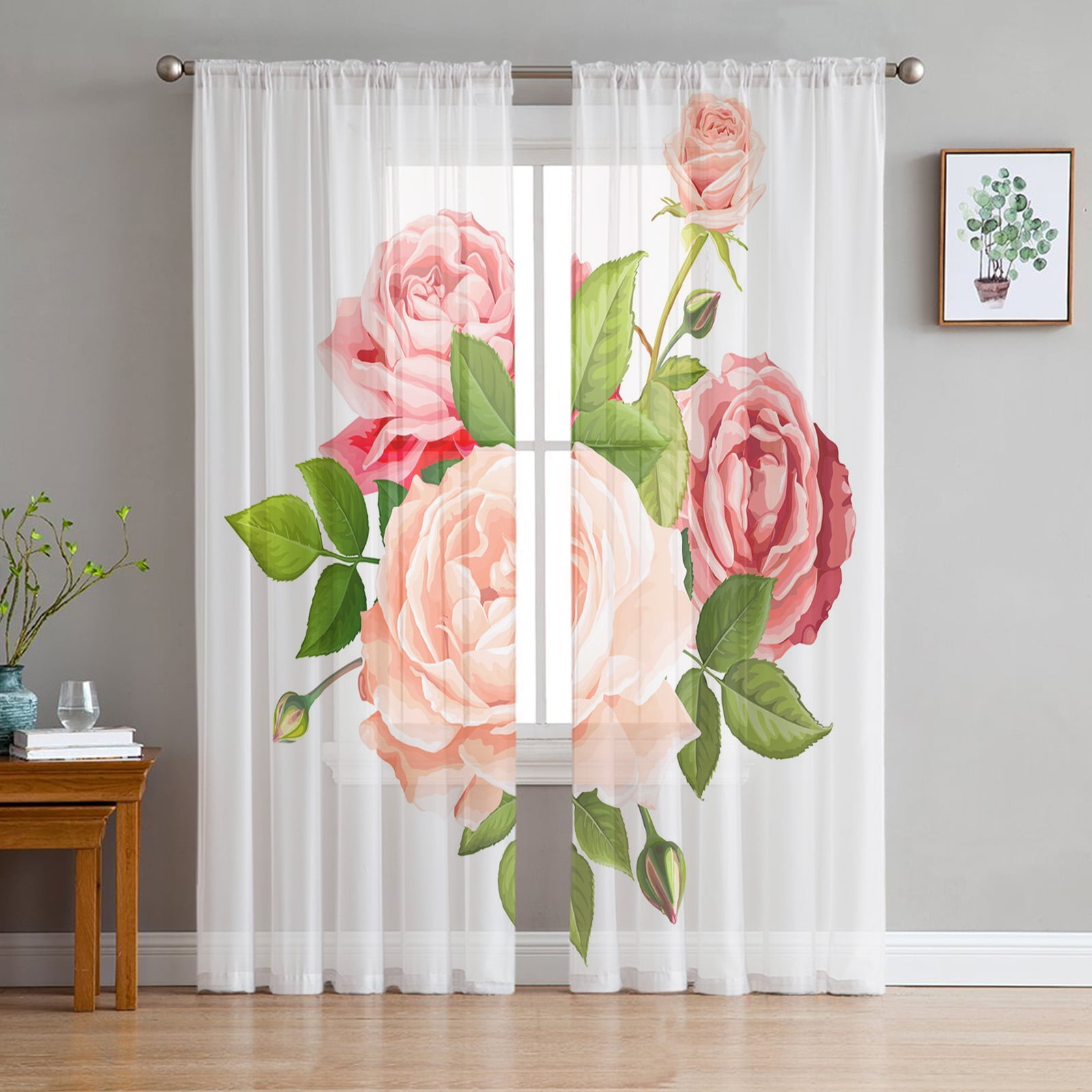 Flowers Leaves Plant Sheer Curtain for Living Room Voile for Window ...