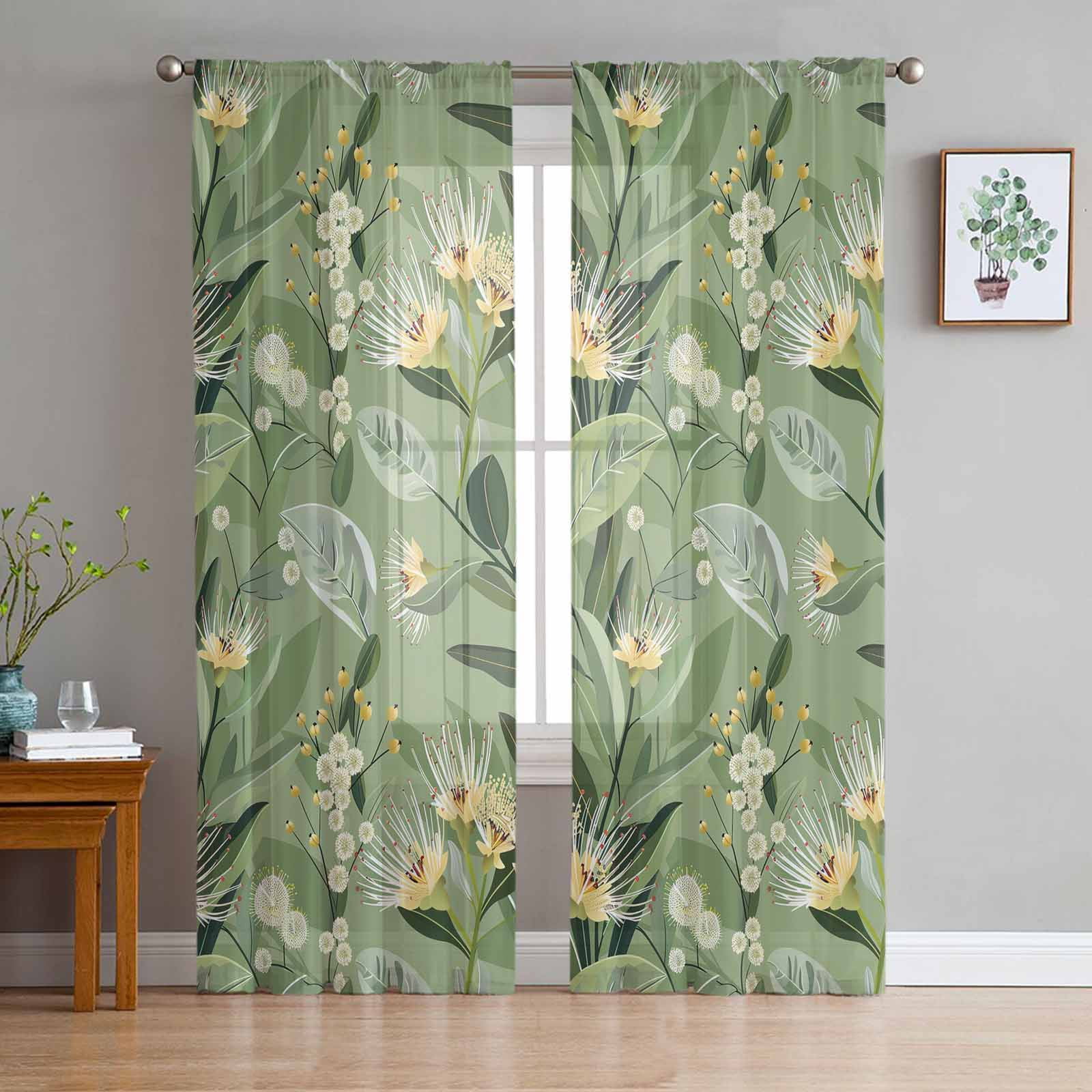 Flowers Leaves Plants Branches Sheer Curtains for Living Room Modern ...