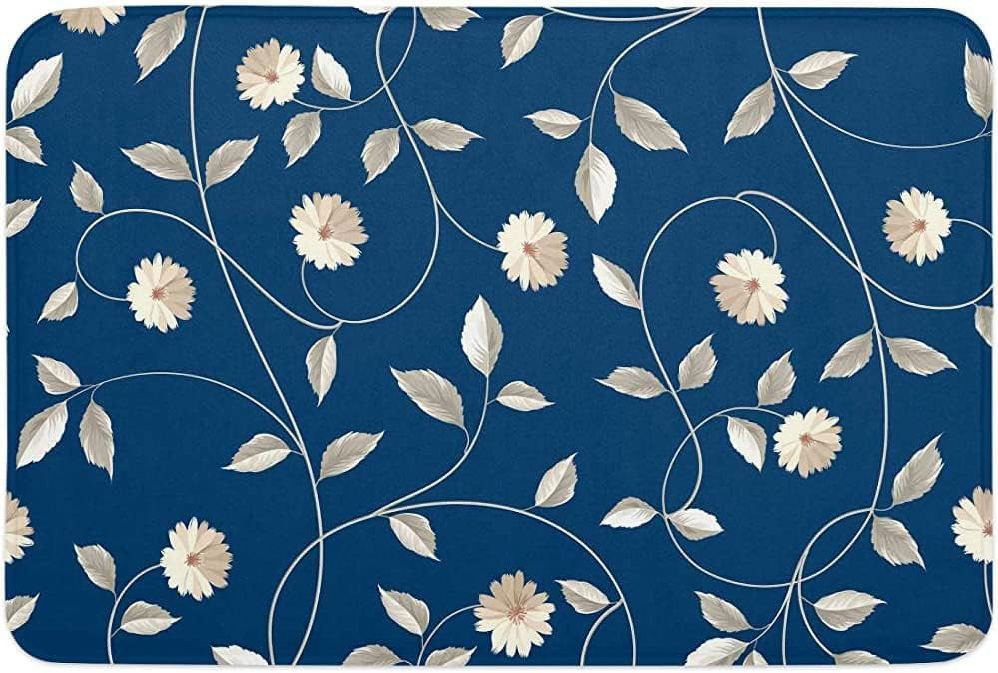 Flowers Leaves Rattan Blue Background Tile Bath Mats Non-Slip Absorbent ...
